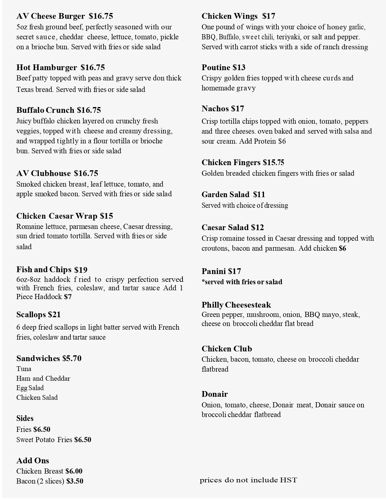 Restaurant Menu – Avon Valley Golf & Country Club